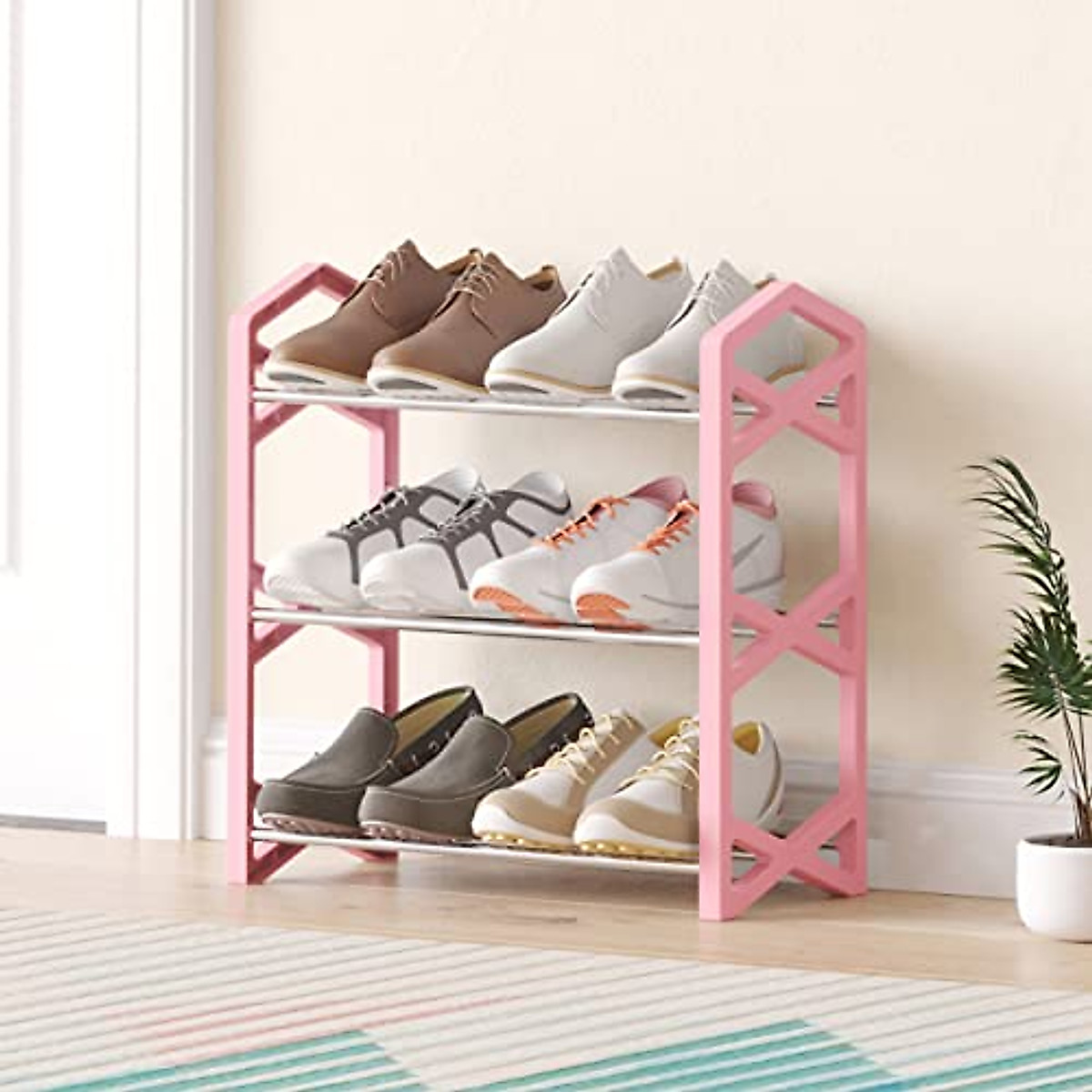 Hockmez 3-Tier Small Shoe Rack .Multifunctional Lightweight Kids Shoe Shelf Storage Organizer for Entryway Hallway Closet Bathroom Living Room (Pink)
