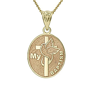 Personalized Name 14k Yellow Gold My Baptism Dove Cross Engravable Oval Pendant Necklace, 16"