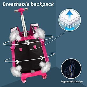 3 PCs Rolling Backpack with Lunch Bag Pencil Case, 16 inch Lightweight Roller Backpacks for Girls Elementary, PU Leather Backpack with Wheels for School Travel, 4+ years old, Black Unicorn