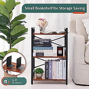 Yoobure Bookshelf Small Book Shelf, Solid Industrial 3 Tier Shelf Bookcase, Short Book Case for Bedroom, Living Room, Office Home, Small Spaces, Easy Assembly Berry Brown