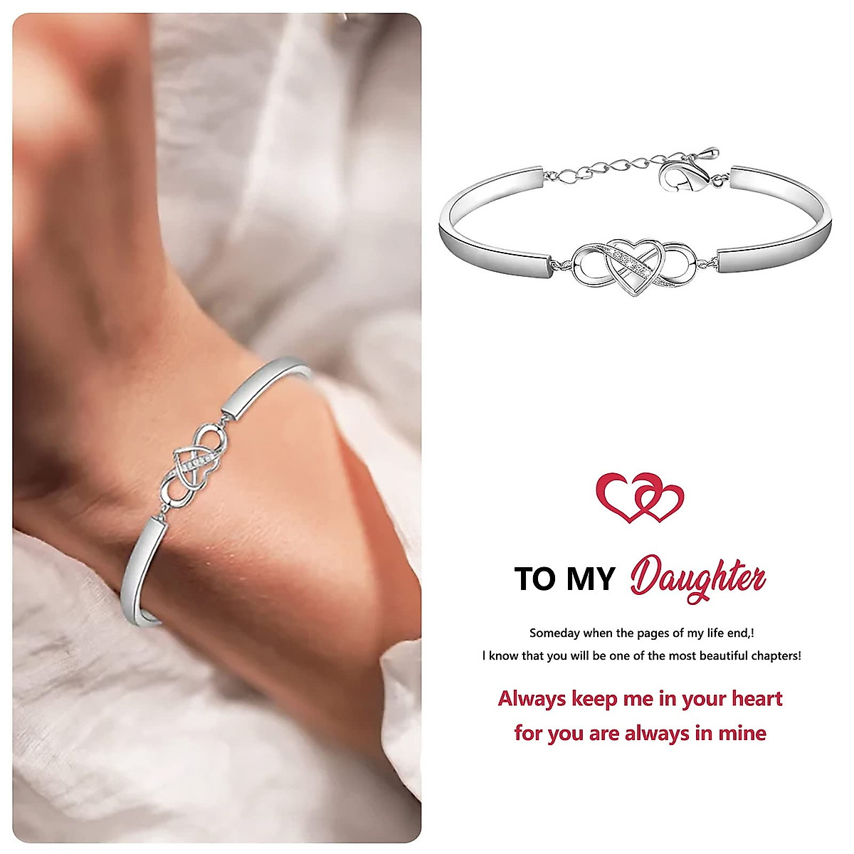 beemean Daughter Infinity Bracelet Infinity Love Heart Bracelet for Daughter-in-Law Bracelet with Inspirational Message Card Adjustable Length Bangle Bracelets(daughter)