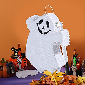 Halloween Ghost Piñata Spooky White Ghost Piñata with Stick and Blindfold Halloween Hanging Decoration Mexican Piñata for Kids Birthday Game Halloween Party Supplies