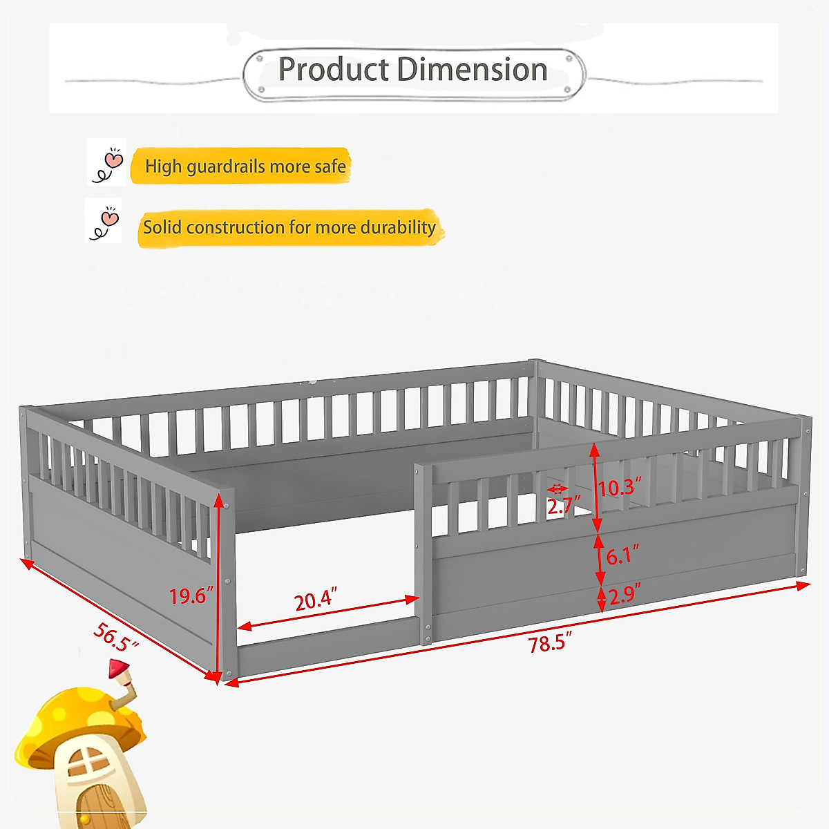 Floor Bed for Kids, Full Size Montessori Bed with High Fence Railings, Wood Playhouse Bed with Rails for Baby Boys Girls Teens, No Slats Included, Gray