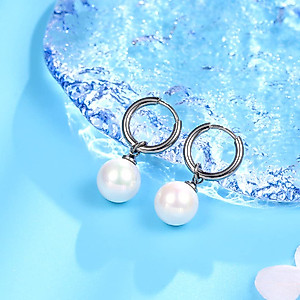 Limerencia Hypoallergenic Pure Titanium Post Lightweight Dangle Huggie Earrings for Women | Vertical Bar, Cross, Moon, Lightning | Dainty Earrings (10mm Pearl)