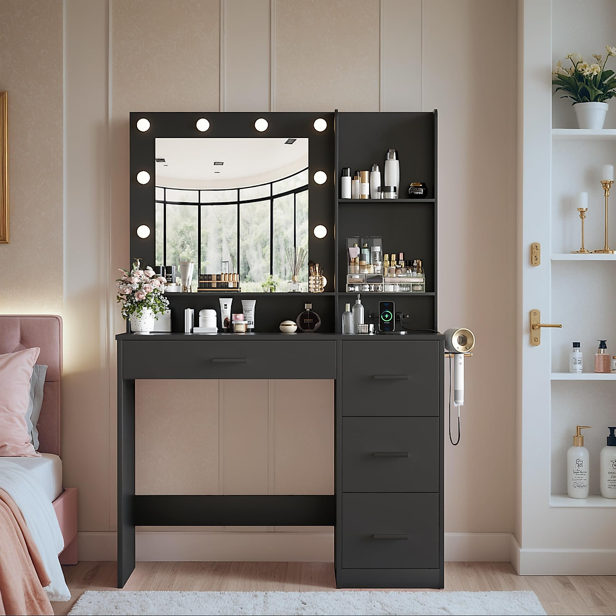 Furmax Vanity Desk with LED Lighted Mirror&Power Outlet, 39.3’’ Makeup Vanity Table with 4 Drawers and 3 Storage Shelves, Adjustable 3 Lighting Colorfor Bedroom&Dressing Room (Black)