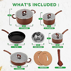 NutriChef Space Saver 17-Piece Nonstick Cookware Set - Brown Pots and Pans with Stackable Design, Foldable Handles, Induction Ready