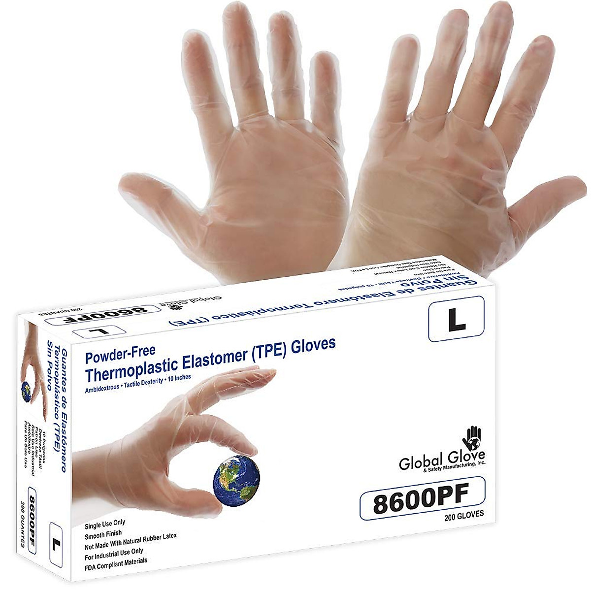 Global Glove 8600PF Thermoplastic Elastomer (TPE) Powder-Free, Clear, 2 Mil, Smooth Finish, 10-Inch Disposable Gloves (Large) - Box of 200