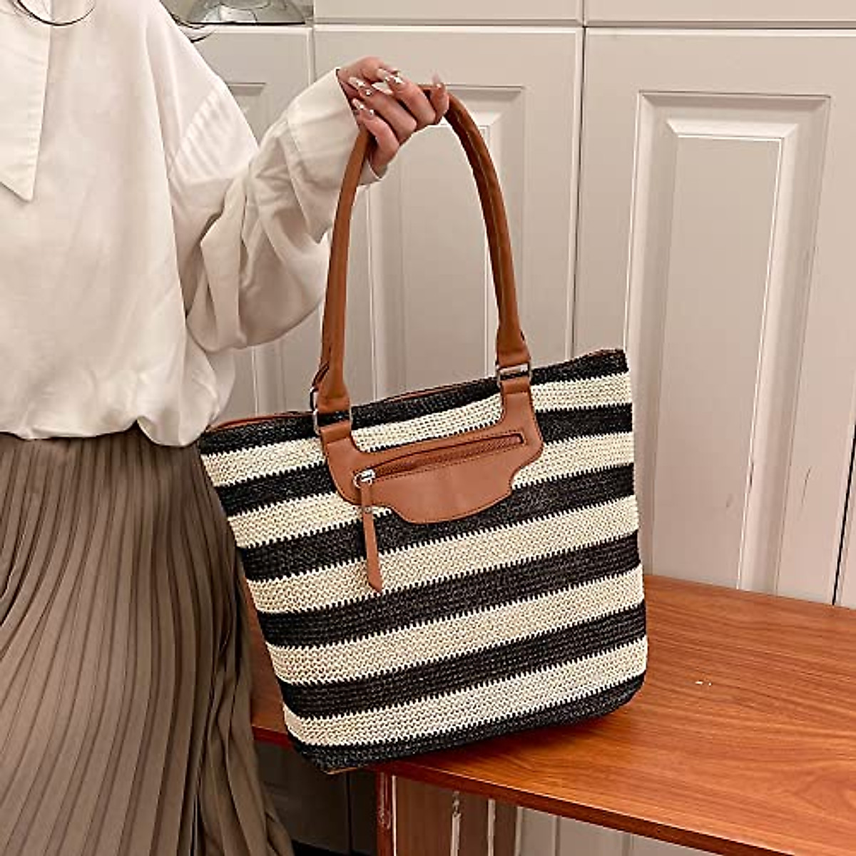 JQWSVE Straw Beach Bags Tote Stripe Bag Large Handwoven Straw Shoulder Bag Purse Boho Straw Handle Tote Retro Summer Handbag