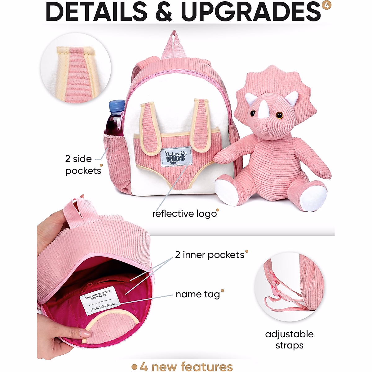 Naturally KIDS Pink Dinosaur Toys for Girls, Triceratops Toy, Dinosaur Gifts for 2 3 Year Old Girls, Toddler Backpack