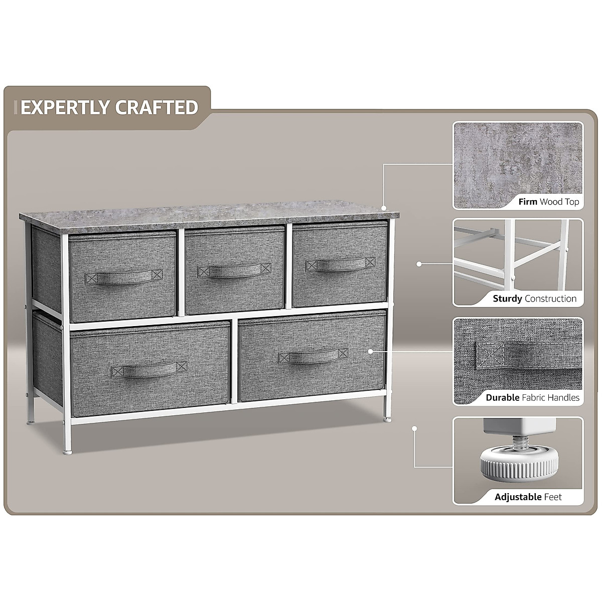 Sorbus Dresser with 5 Drawers - Storage Chest Organizer Unit with Steel Frame, Wood Top, Easy Pull Fabric Bins - Long Wide TV Stand for Bedroom Furniture, Hallway, Closet & Office Organization