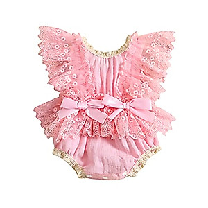 Infant Girls Crochet Bodysuits Baby Girl Cotton Linen Romper Lace Ruffle Summer Clothes Flutter Sleeves Jumpsuits (Pink , 3-6 Months )