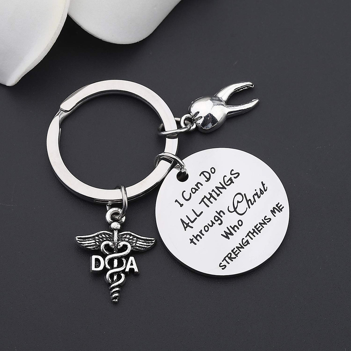 LQRI DA Gift Dental Assistant Keychain I Can Do All Things Through Christ Who Strengthens Me Keychain Dental Assistant Jewelry Dentist Gift DA Graduation Gift (sliver)