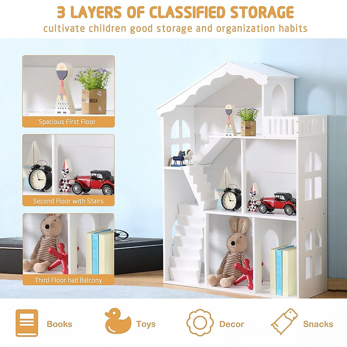 YFDZONE Dollhouse Bookshelf, Wooden Kids Bookshelve Children Doll House Toy Storage 3-Tier Bookcase for Books Gift for Girls Ages 3-7+