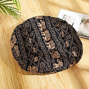 EGOBUY Meditation Cushion, Round Floor Seat Cushion Cotton Linen Sitting Pillow Yoga Pillow Tatami Mat for Home Decor Garden Party, 22x22 Inch, Black Elephant