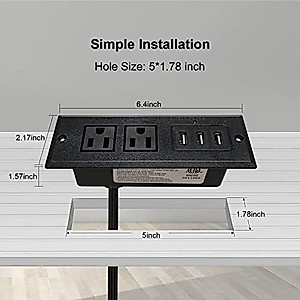 Desk Power Strip with USB Recessed Mounted Desktop Power Outlet 2 Outlets 3 USB Ports (15W/3A) Flat Power Plug, Charge Station for Table Cabinet Sofa Counter (3A/15W Black)