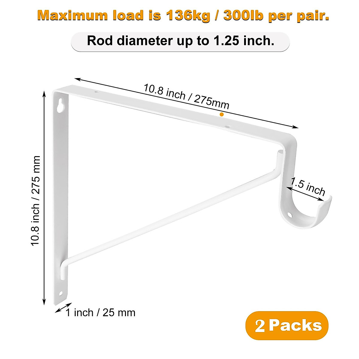 2 Pack Heavy Duty Closet Rod Brackets Holder 11 x 11 x 1 Inch, White Closet Rod Support Bracket Steel Closet Rod Holders for Hanging Clothes, Wall Mounted Shelf and Rod Support Brackets with Screws