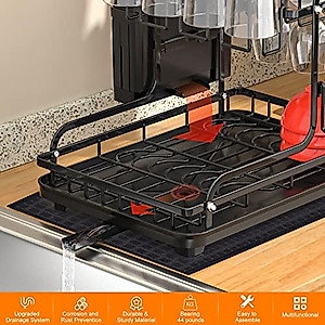 Stofiro Dish Drying Rack with Drainboard, 2 Tier Dish Racks for Kitchen Counter, Multifunctional Dish Drainer, Large Dish Drying Rack with Drying Mat, Kitchen Drying Rack with Wine Glass Holder, Black
