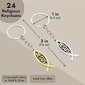 Juvale 24 Pack Metal Jesus Fish Keychains, Christian Religious Gifts for Women and Men, Bulk Key Rings for Easter Party, Family Reunion Favors (Silver and Gold-Colored)