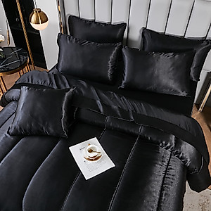 Black Silky Comforter Set Satin Queen Bed in a Bag 8 Pieces Luxury Hotel Silky Bedding with 1 Comforter, 1 Flat Sheet, 1 Fitted Sheet, 4 Pillowcases, 1 Cushion Cover (Queen, Black)