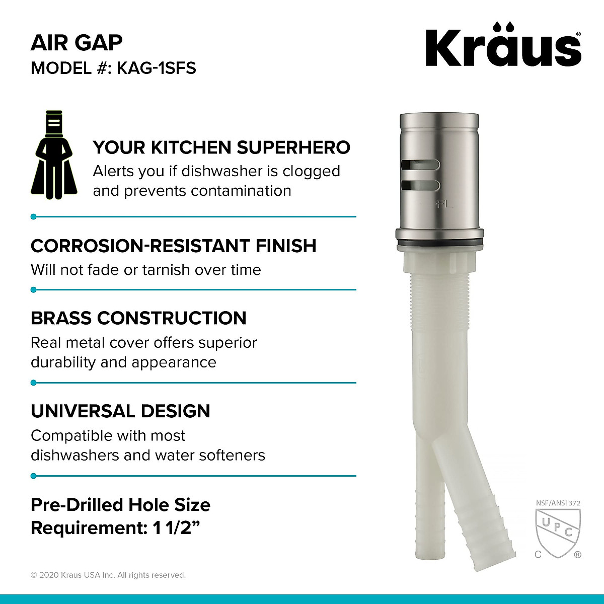 KRAUS Dishwasher Air Gap in Spot Free All-Brite™ Stainless Steel, KAG-1SFS