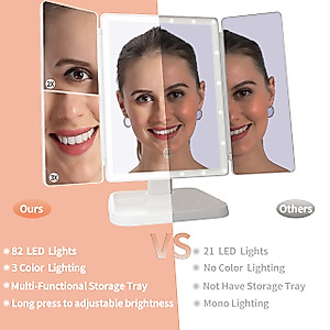 Make up Mirrors Lighted Magnifying Stand up 1x/2x/3x Mirror With Lights For Vanity Desk,Foldable LED Beauty Mirror With 3 Color Lighting Modes Touch Control Portable for Personal Mirrors,White