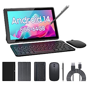 Tablet 2 in 1 Tablets 10 inch Android 14 Tablet Set with Keyboard Case Mouse Stylus 8GB+64GB/1TB expansion Tablets 10.1" Touch Screen Tab 6000 mAh battery 2MP+8MP Dual Camera WiFi6 Bluetooth Tableta