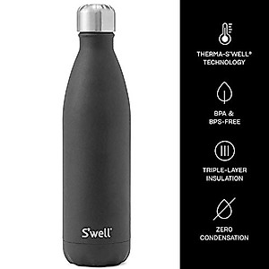 S'well Stainless Steel Water Bottle - 25 Fl Oz - Onyx - Triple-Layered Vacuum-Insulated Containers Keeps Drinks Cold for 54 Hours and Hot for 26 - with No Condensation - BPA-Free - Perfect for the Go
