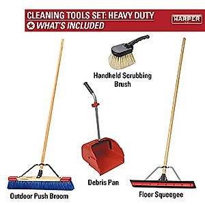 Harper 37518500 Heavy Duty Cleaning Set with Outdoor Push Broom, Floor Squeegee, Debris Pan and Handheld Scrubbing Brush