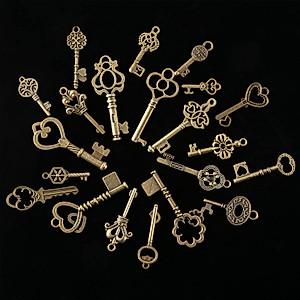 CHuangQi 40PCS Antique Bronze Vintage Skeleton Keys Charm Set, Steampunk Key DIY Handmade Accessories, Jewelry Making Supplies Wedding Favors