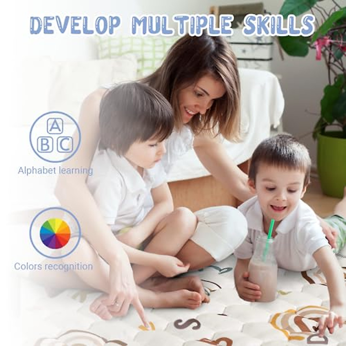 ieBabay Baby Play Mat 43 x 43 Playpen Mat One-Piece Washable Baby Crawling Mat Non Slip Cushioned Baby Playmat Boho Rainbow ABC Floor Mat for Babies Toddlers Infants (43X43,Beige)