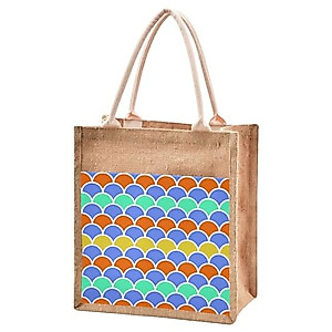 Jute Burlap Tote Bag Rainbow Colorful Moire Striped Mermaid Scale Tail Ocean Sea Large Capacity Reusable Grocery Shopping Storage Bag