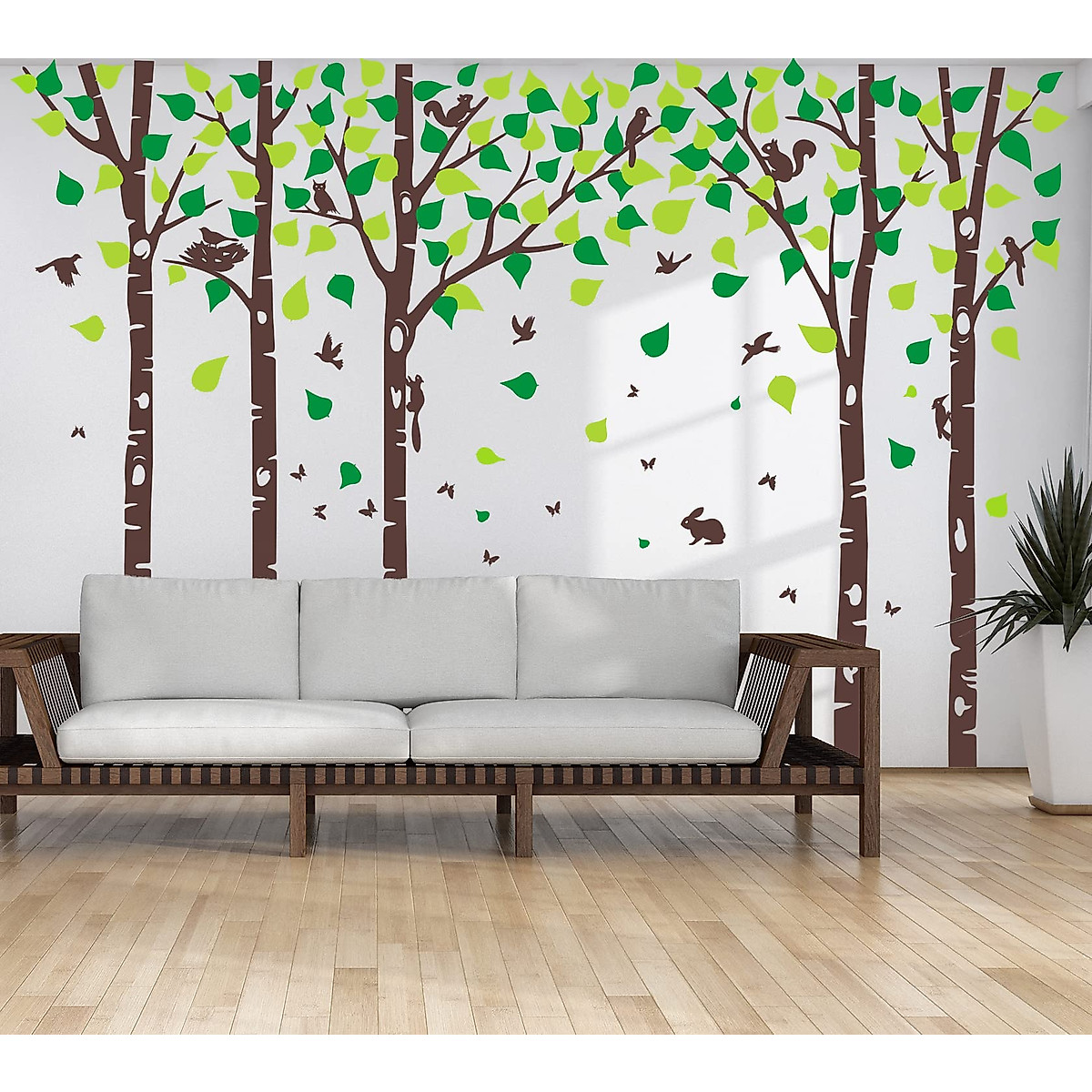 5 Large Birch Tree Wall Decals Jungle Tree Wall Stickers Forest Animal Wall Stickers Squirrel Rabbit Stickers for Kids Room Nursery Bedroom Living Room Classroom Wall Decoration (100", Brown,Green)