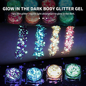Glow in The Dark Glitter Gel for Women, 12 Colors Chunky Makeup Fine Glitter, UV Black Light Glitter for Body/Face/Hair/Eyeshadow, Glitter for Carnival Party(Not Loose Glitter)