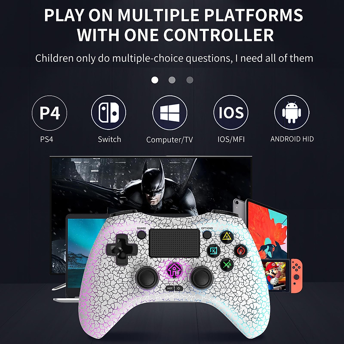RALAN Wireless Controller with 8 Color Adjustable LED Lighting Compatible with PS4 Pro/Slim/for PS4 Controller Dualshock 4, with Headphone Jack for FPS Game （White）