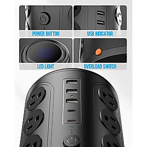 Power Strip Tower with 16 Outlets and 5 USB Ports (2 USB-C), TenTrend 1875W 1500J Surge Protector with 6 FT Extention Cord, Multi Outlet Tower for Home Office Desk, Dorm Room Essentials Black