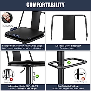 Raynesys Metal Swivel Barstools Set of 2, Enlarged PU Leather Seat with Metal Back, Adjustable from 24" to 33" for Counter Height & Bar Height, Modern Design for Kitchen and Restaurant,MatteBlack