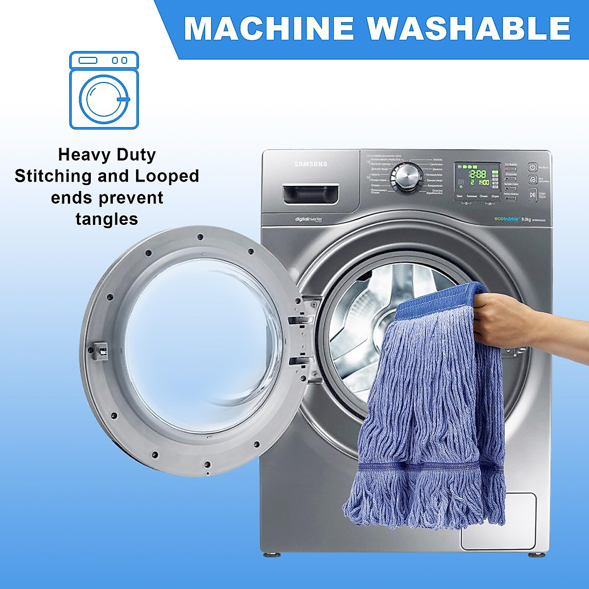 3 Pack Commercial Replace Mop Head, Reusable Mop Head Refills-Replacement Mop Heads Suitable for Heavy Commercial Industrial Residential Areas,Wet Industrial Cotton Looped End String Mop Head (Blue)