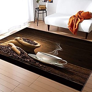 Many Coffee Beans Decorative Area Rug, Cup of Coffee Retro Home Rug, Bedroom Rug with Non-Slip Backing Washable for Bedroom Living Room Dining Room Office (5ft×6ft)