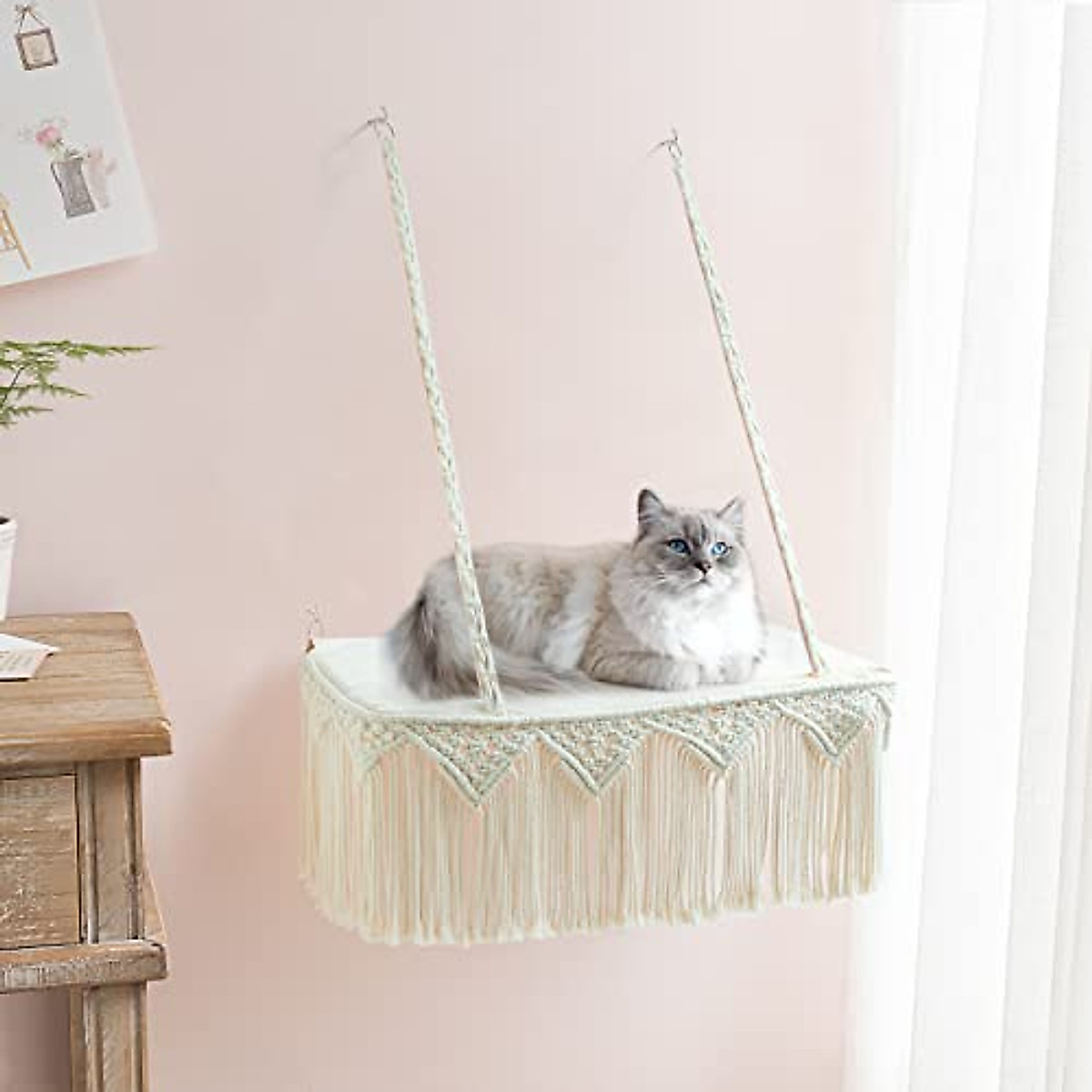 Dahey Macrame Cat Window Perch Boho Cat Hammock Wall Mounted Pet Resting Seat Bed for Indoor Cats Safety Space Saving Kitty Swing Shelf with Tassel Holds up to 45 lbs with Screw Suction Cups, Gift