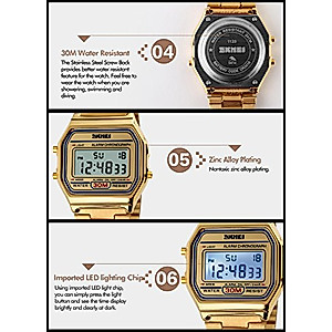 VIGOROSO Men Lady Vintage Retro Gold Stainless Steel Digital Casual Watch Alarm Stopwatch(Gold)
