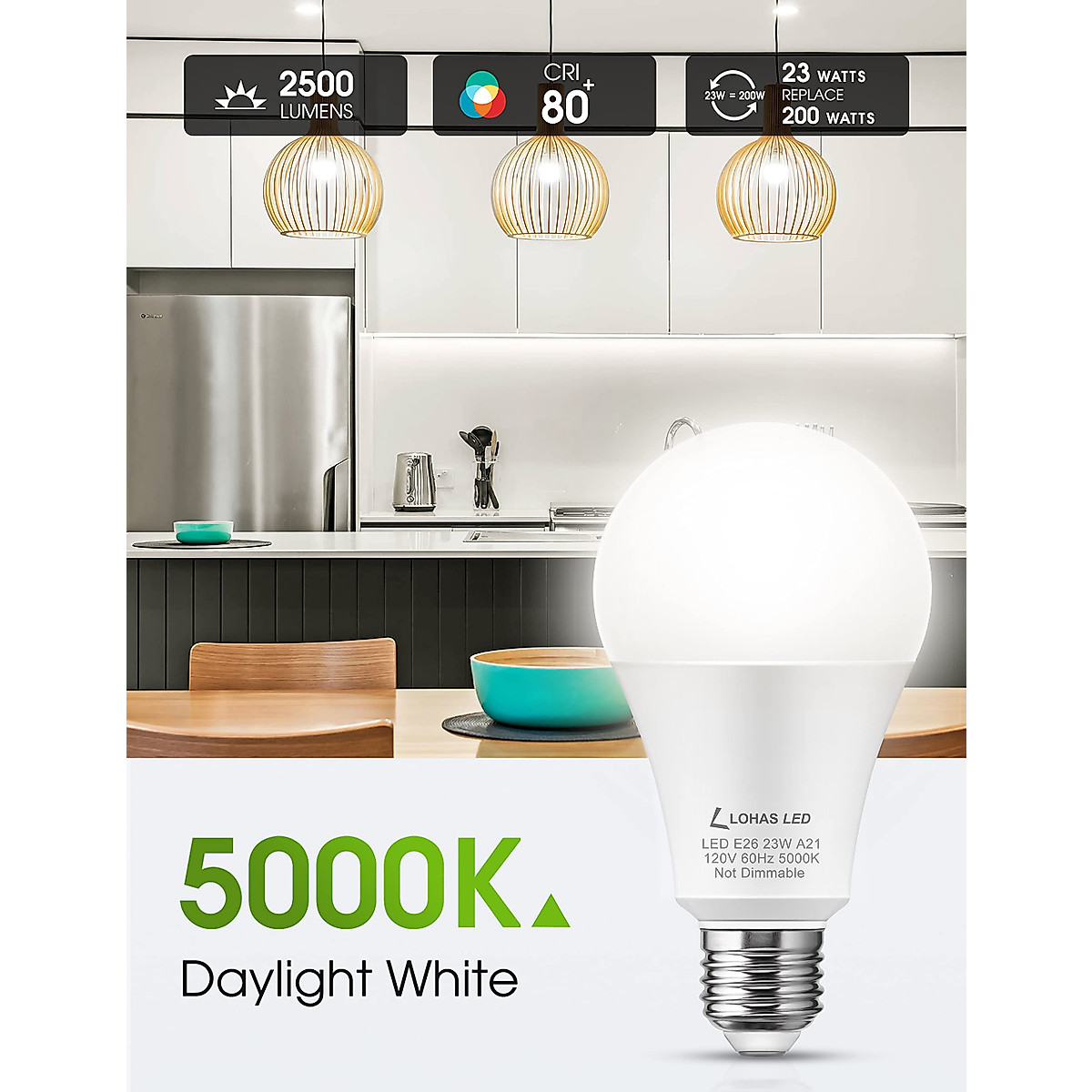 LOHAS Super Bright White LED Light Bulb, A21 23W(150-200Watt Equivalent), 2500 High Lumen, 5000K Daylight White, Garage Light Bulbs, E26 Porch Light Bulb, Non-Dim, No Flicker for Home Lighting, 2-Pack