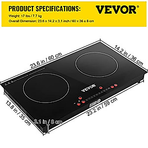 VEVOR Built-in Induction Electric Stove Top 24 Inch,2 Horizontal Burners Electric Cooktop,9 Power Levels & Sensor Touch Control,Easy to Clean Ceramic Glass Surface,Child Safety Lock,110V