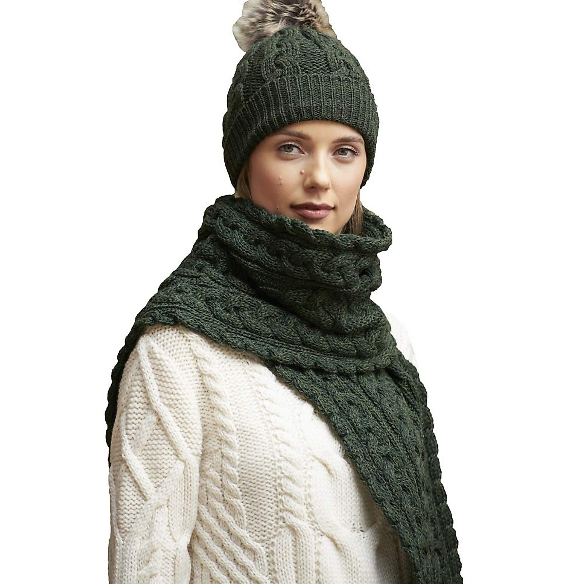 Aran Crafts Irish Cable Knitted Wool Heavyweight Scarf 10"x64" (X4855-AGRE)