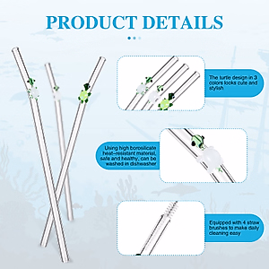 10 Pcs Reusable Glass Straw with Turtle Clear Straws 7.9'' x 8 mm Cute Turtle Bent Straw with Design Shatter Resistant Drinking Straws 4 Cleaning Brushes for Beverages Smoothies Cocktails, 3 Styles