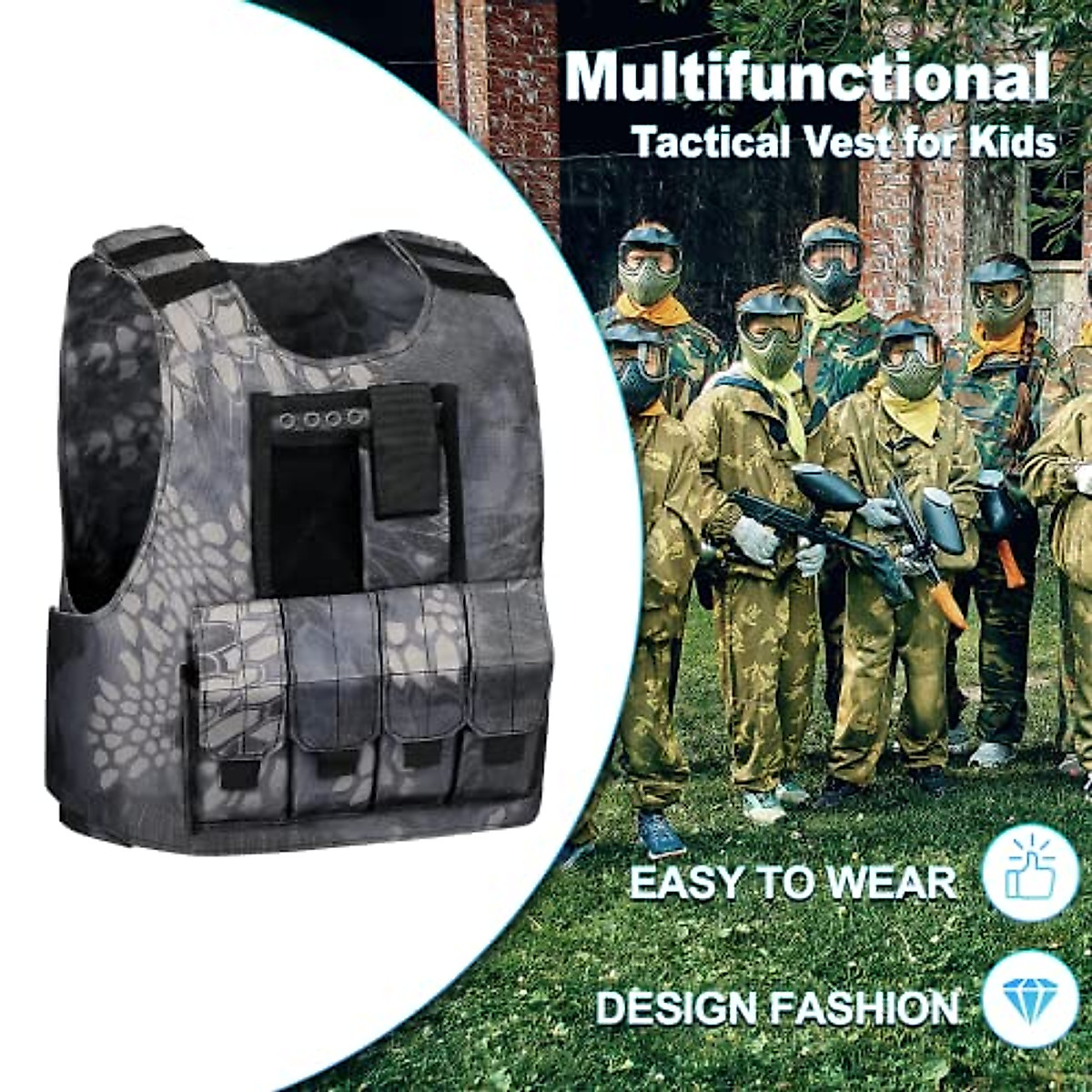 Kids Tactical Vest Kit Teens Airsoft Vest Outdoor Woodland CS Multi-Function Combat Assault Training Protective Adjustable Vest