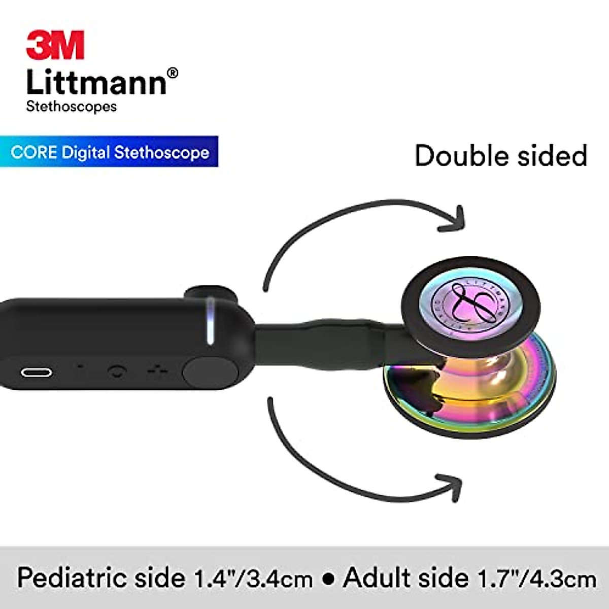 3M™ Littmann® CORE Digital Stethoscope, 8570, High Polish Rainbow Chestpiece, Black Tube, Black Stem and Headset, 27 inch