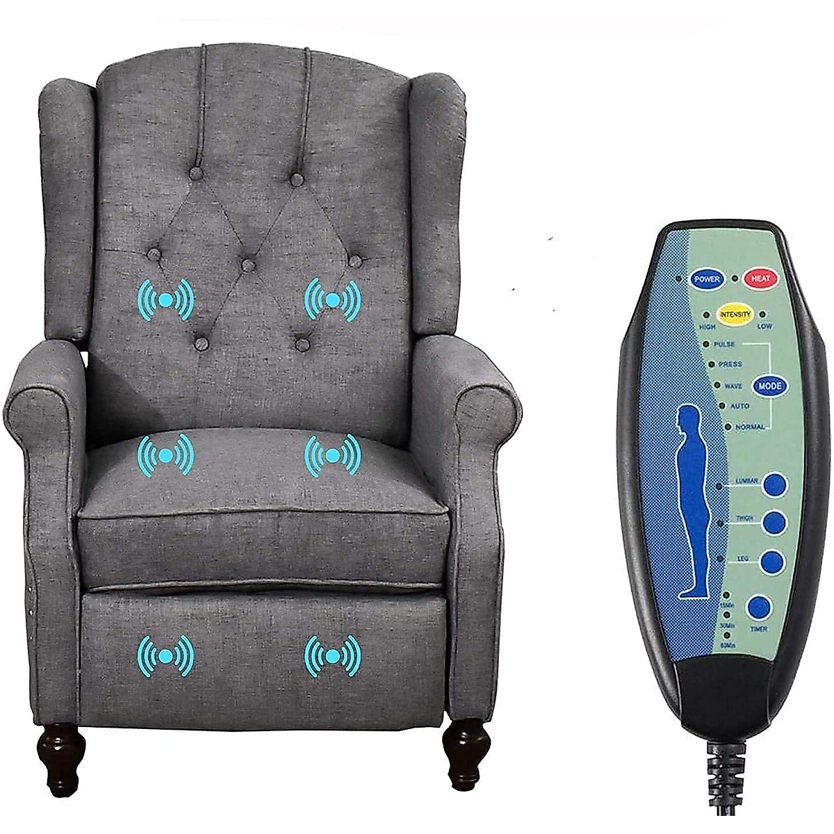 BINGTOO Recliner Chair with Massage and Heat 2 Chairs Set- Accent Chairs for Living Room- Tufted Fabric Push Back Recliner Chair, Footrest and Nailhead Trim, Wooden Legs, Wingback (Double, Gray)