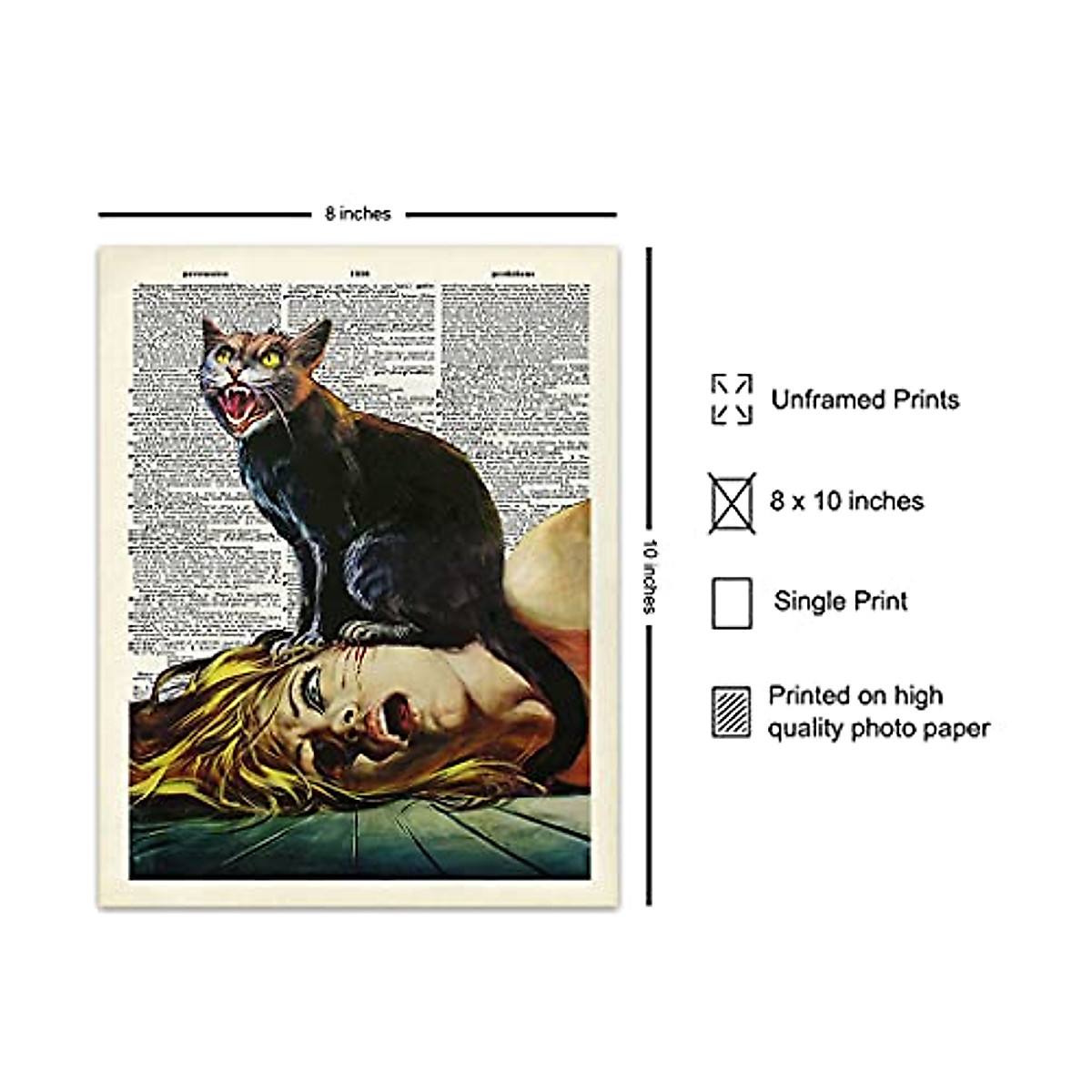 Cat Horror Movie Wall Art & Decor - Black Cat Decorations - Cat Themed Picture Prints - Creepy Gothic Goth Scary Movie Poster - Cat Lover Gifts for Women, Men - Funny Cat Lady Home Decor 8x10