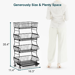 Onion and Potato Storage, Packism 4 Tier Fruit Vegetable Storage Basket with Protective Mats, Rolling Cart Vegetable Storage with Lockable Wheels for Kitchen, Bathroom, Pantry - Black