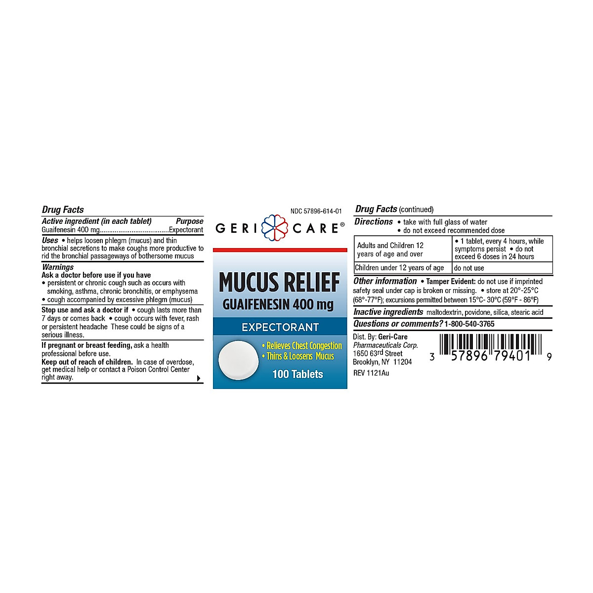 Mucus Relief Tablets by Geri-Care | Expectorant for Chest Congestion Relief | Guaifenesin 400mg | 100 Count Bottle
